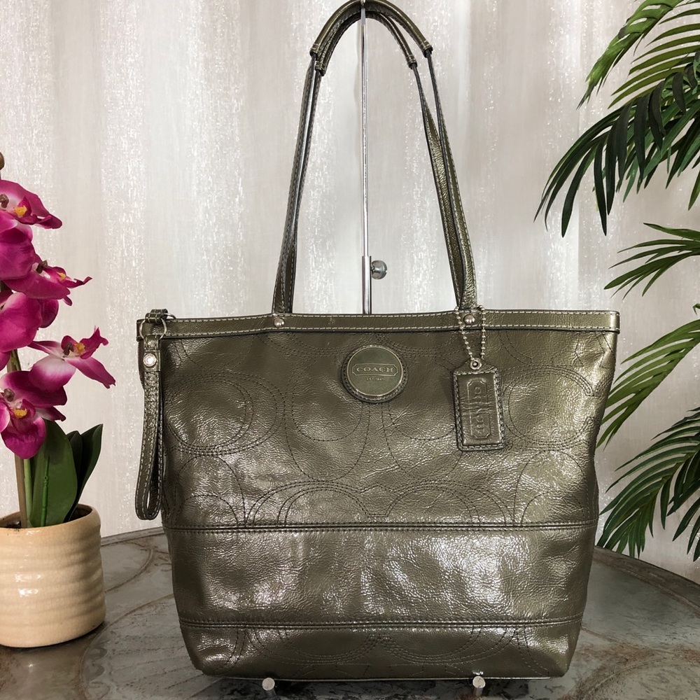 Coach Stitch Signature Stripe Leather Tote F15142 - Gem